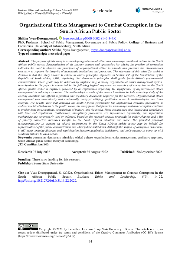 (PDF) Organisational Ethics Management to Combat Corruption in the South African Public Sector