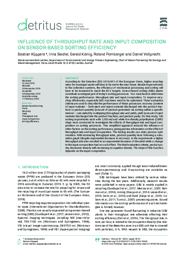 (PDF) Influence of Throughput Rate and Input Composition on Sensor-Based Sorting Efficiency ...