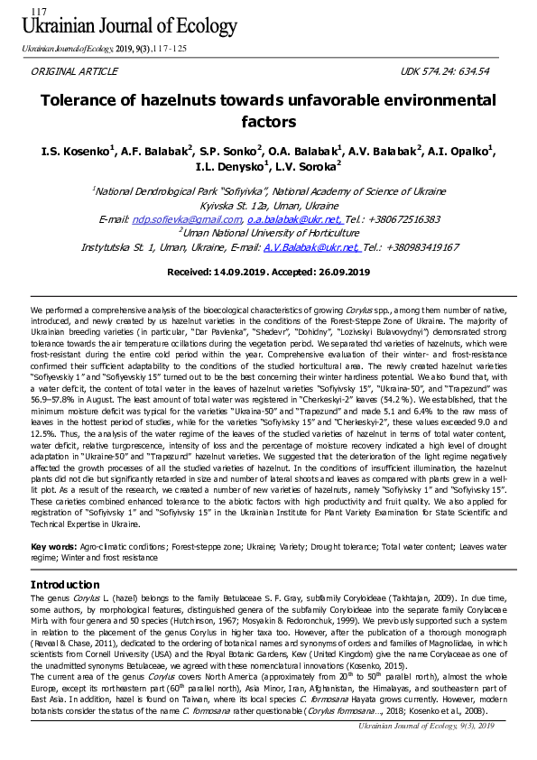 (PDF) Tolerance of hazelnuts towards unfavorable environmental factors