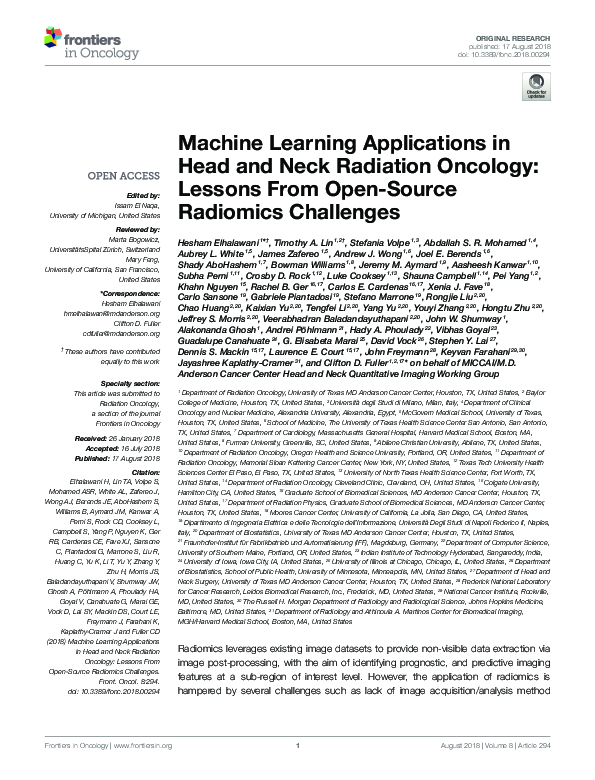 (PDF) Machine Learning Applications in Head and Neck Radiation Oncology: Lessons From Open ...