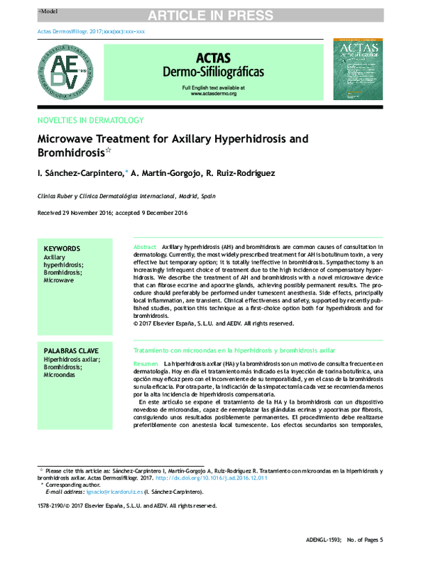 (PDF) Microwave Treatment for Axillary Hyperhidrosis and Bromhidrosis