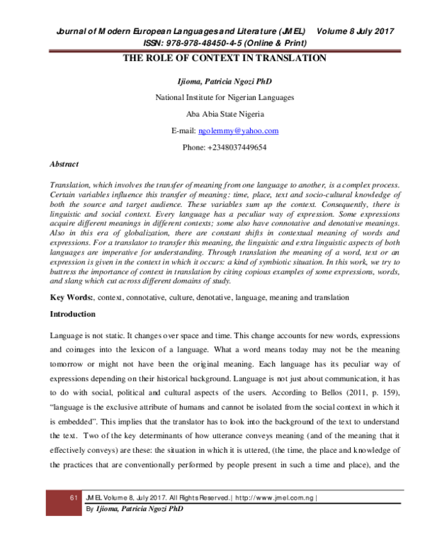 (PDF) The Role of Context in Translation