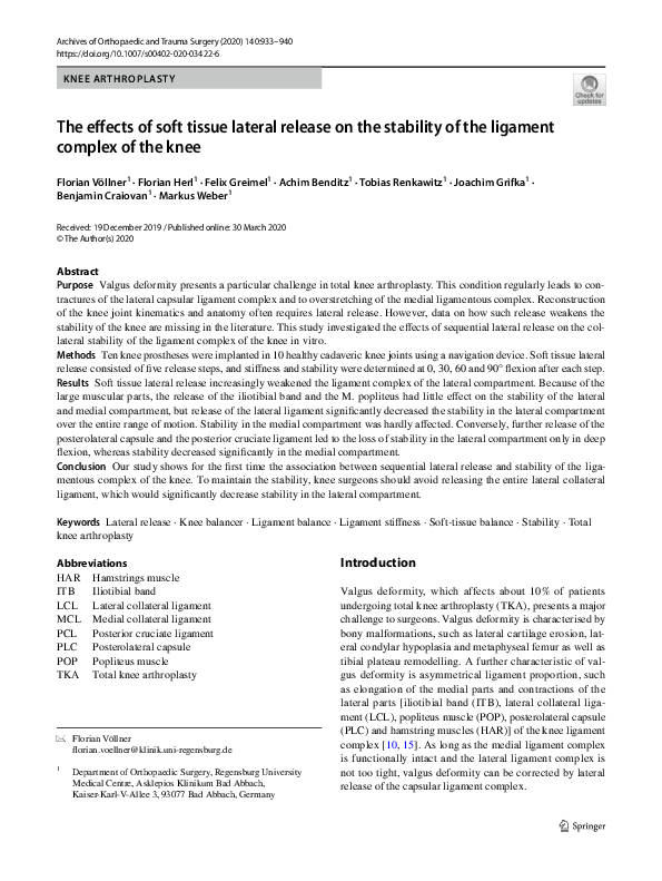 (PDF) The effects of soft tissue lateral release on the stability of ...