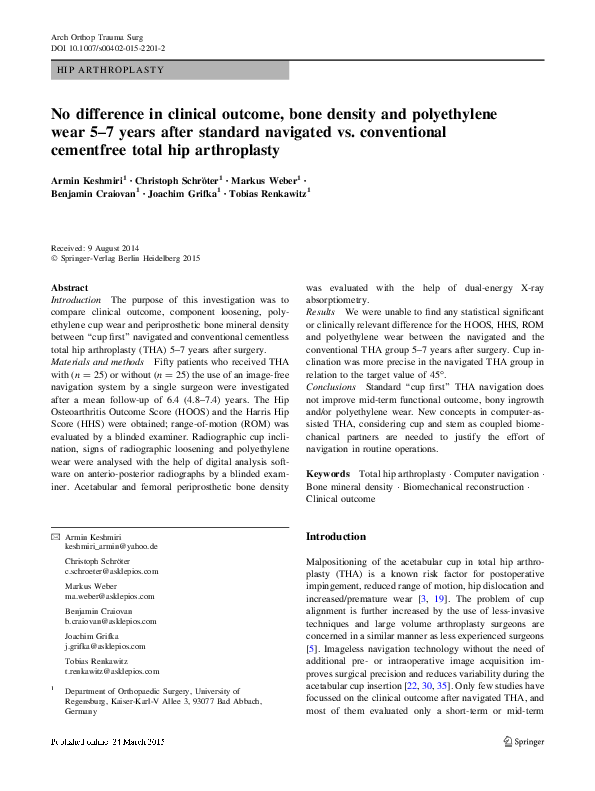 (PDF) No difference in clinical outcome, bone density and polyethylene wear 5-7 years after ...