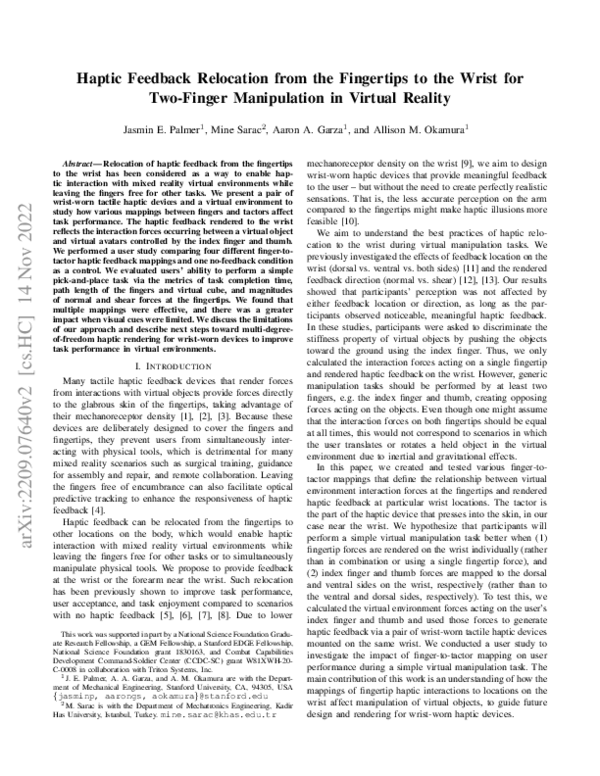 (PDF) Haptic Feedback Relocation from the Fingertips to the Wrist for Two-Finger Manipulation in ...