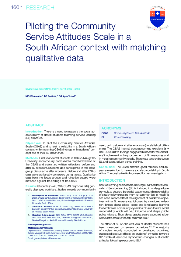 (PDF) Piloting the community service attitudes scale in a South African ...
