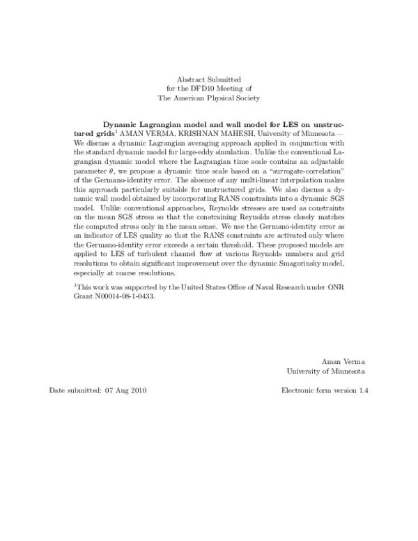 Pdf Dynamic Lagrangian Model And Wall Model For Les On Unstructured Grids