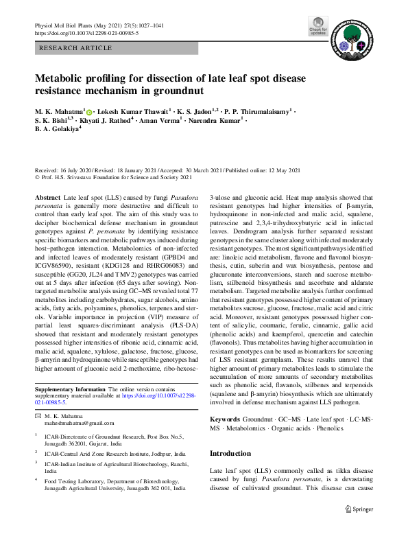 (PDF) Metabolic profiling for dissection of late leaf spot disease resistance mechanism in ...
