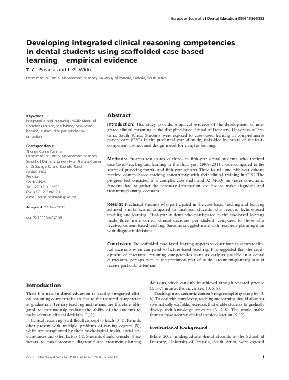 (PDF) Developing integrated clinical reasoning competencies in dental students using scaffolded ...