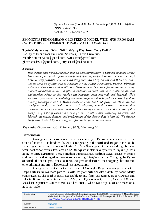 (PDF) Segmentation K-Means Clustering Model With SPSS Program Case ...