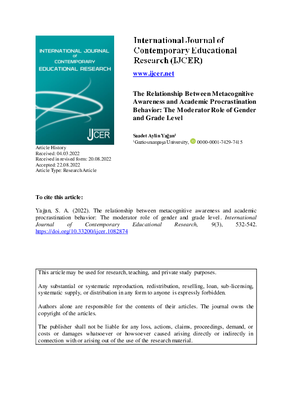 Pdf Tthe Relationship Between Metacognitive Awareness And Academic Procrastination Behavior