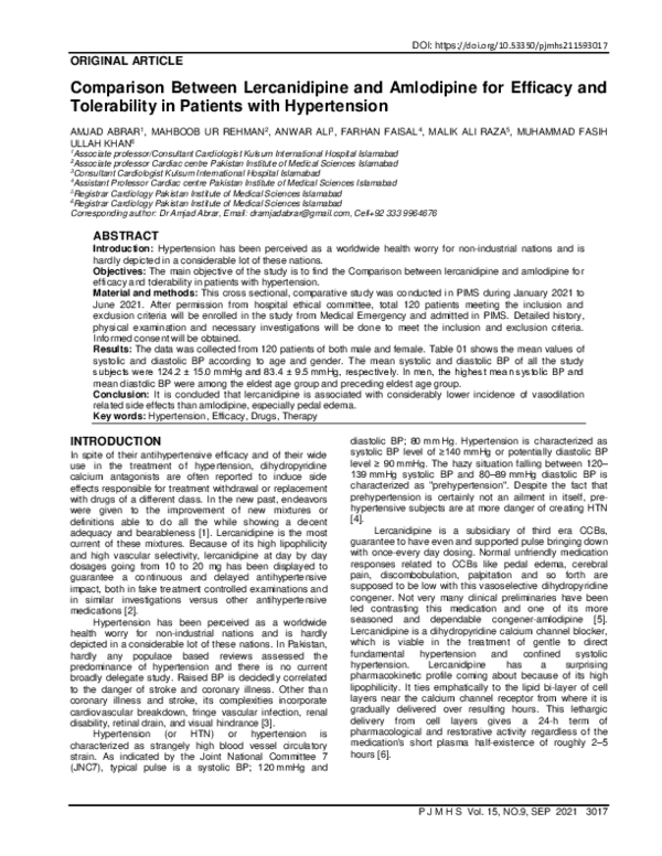 (PDF) Comparison Between Lercanidipine and Amlodipine for Efficacy and ...