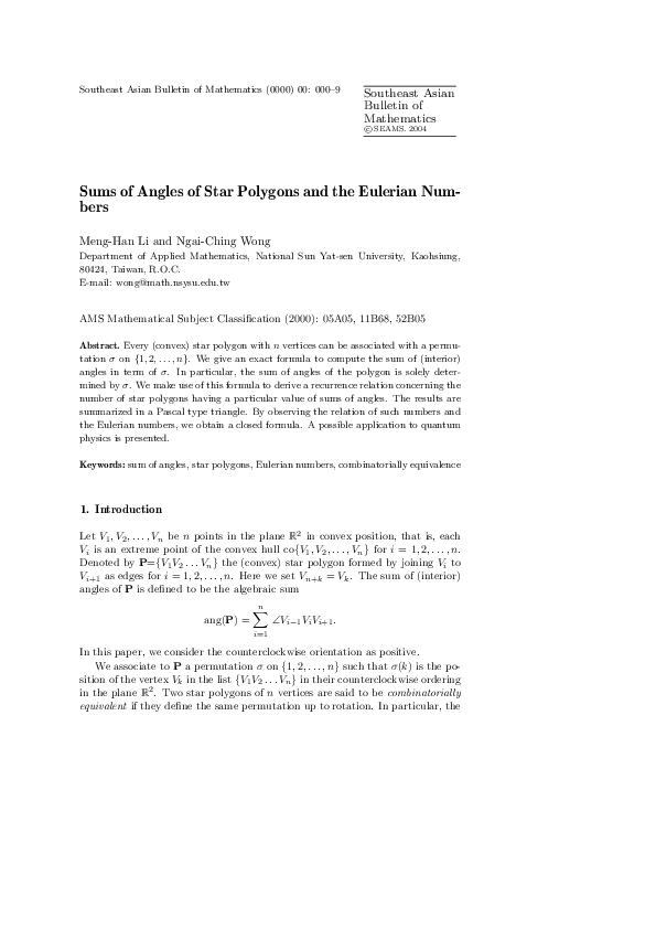 (PDF) Sums of Angles of Star Polygons and the Eulerian Numbers