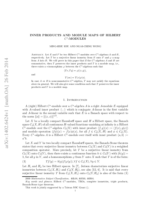 (PDF) Inner products and module maps of Hilbert C*-modules