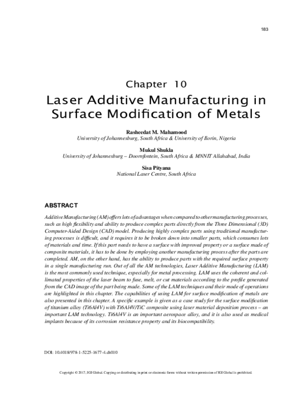 (PDF) Laser Additive Manufacturing in Surface Modification of Metals