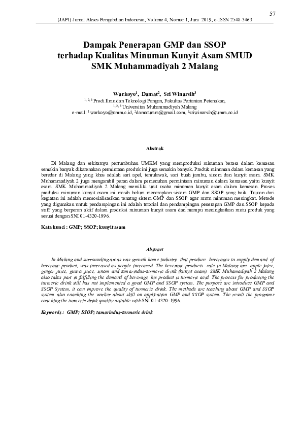 (PDF) Dampak Penerapan GMP dan SSOP terhadap Kualitas Minuman Kunyit Asam SMUD SMK Muhammadiyah ...