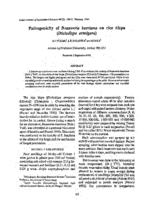 (PDF) Pathogenicity of Beauveria bassiana on rice hispa (Dicladispa ...