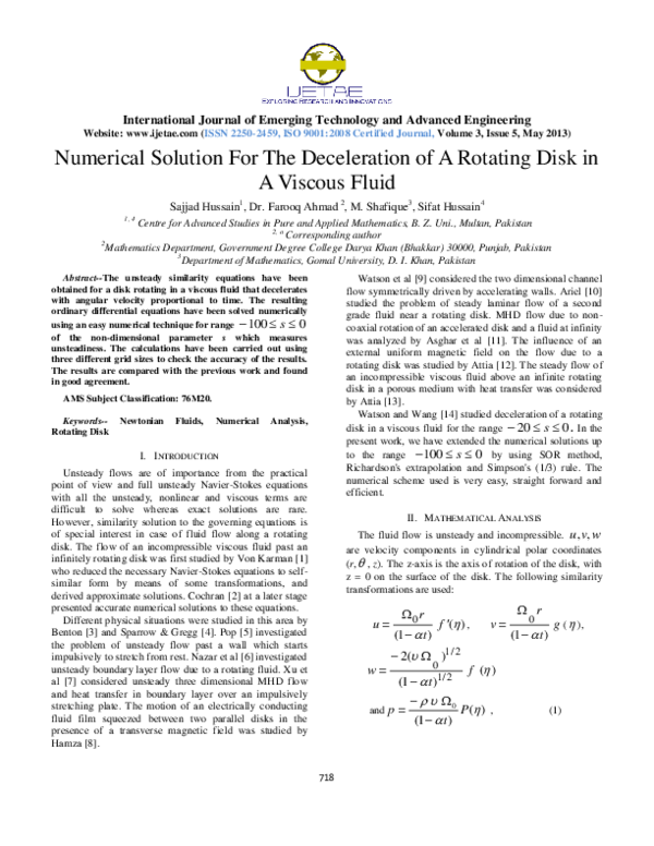 Pdf Numerical Solution For The Deceleration Of A Rotating Disk In A Viscous Fluid