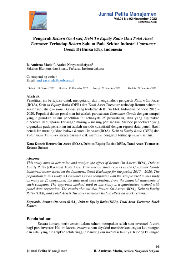 (PDF) Pengaruh Return On Asset, Debt To Equity Ratio Dan Total Asset ... (PDF) Pengaruh Return On Asset, Debt To Equity Ratio Dan Total Asset ...