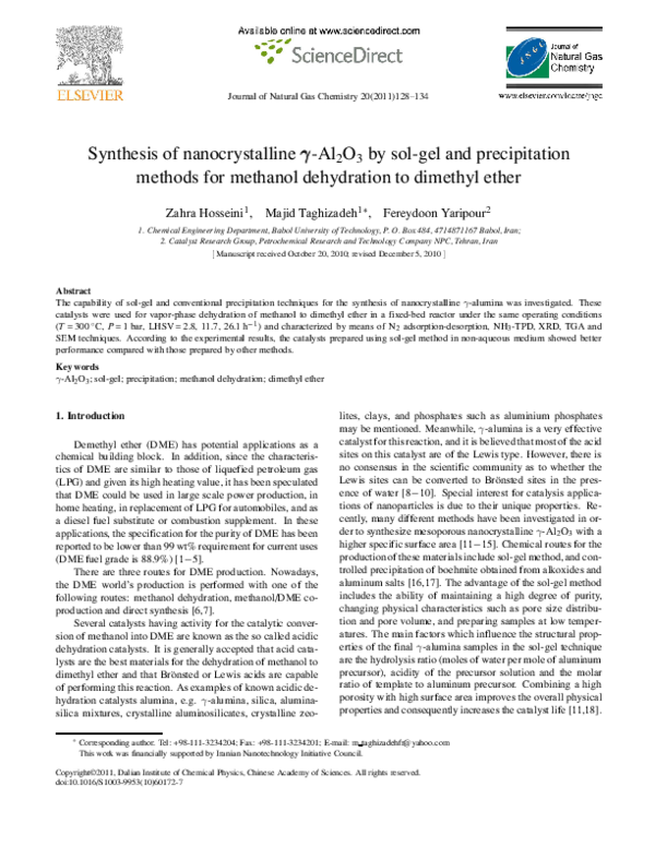 (PDF) Synthesis of nanocrystalline γ-Al2O3 by sol-gel and precipitation methods for methanol ...