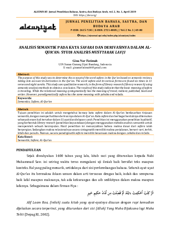 (PDF) Analisis Semantik Pada Kata Safara Dan Derivasinya Dalam Al-Qur’An: Studi Analisis ...