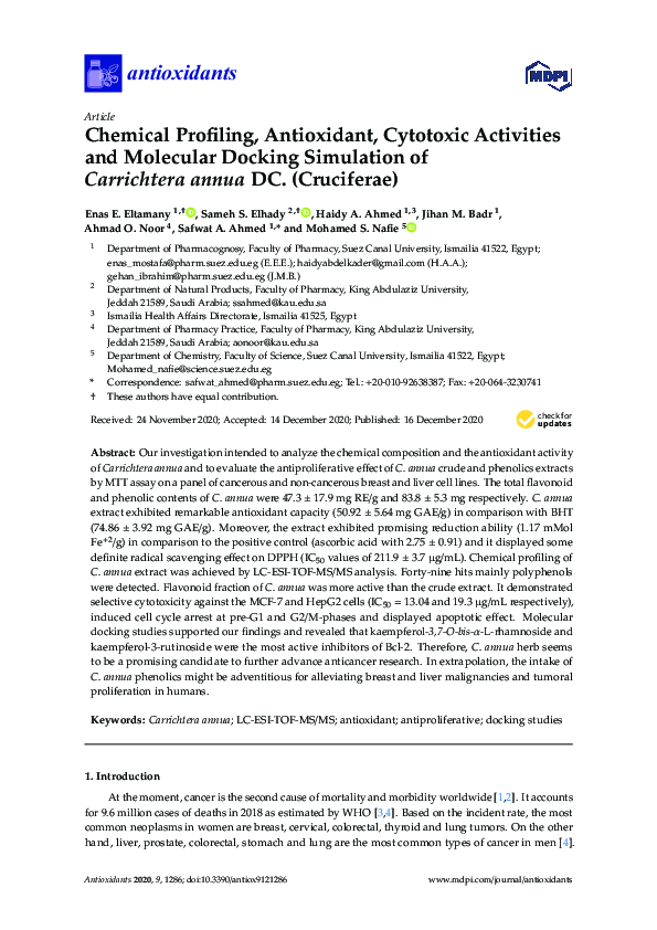 (PDF) Chemical Profiling, Antioxidant, Cytotoxic Activities and Molecular Docking Simulation of ...