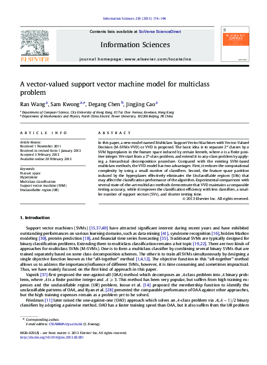 Pdf A Vector Valued Support Vector Machine Model For Multiclass Problem
