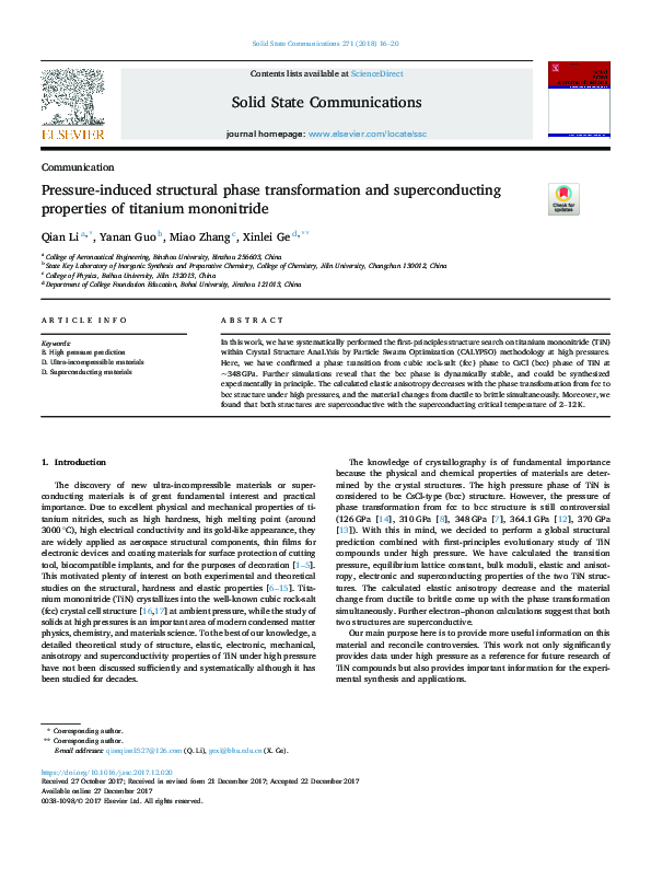 (PDF) Pressure induced structural phase transformation in TiN: A first-principles study
