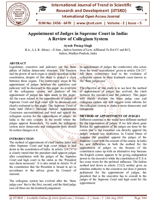 (PDF) Appointment of Judges in Supreme Court in India: A Review of Collegium System
