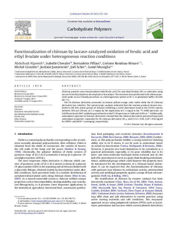 (PDF) Functionalization of chitosan by laccase-catalyzed oxidation of ferulic acid and ethyl ...