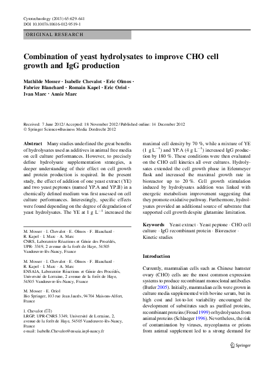 (PDF) Combination of yeast hydrolysates to improve CHO cell growth and ...