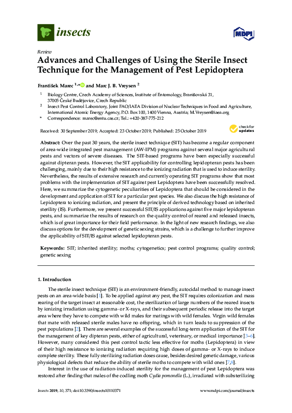 (PDF) Advances and Challenges of Using the Sterile Insect Technique for ...
