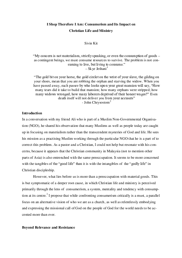 (PDF) I Shop Therefore I Am: Consumerism and Its Impact on Christian ...