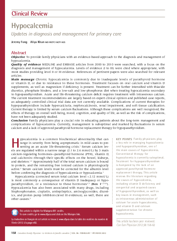 (PDF) Hypocalcemia: updates in diagnosis and management for primary care