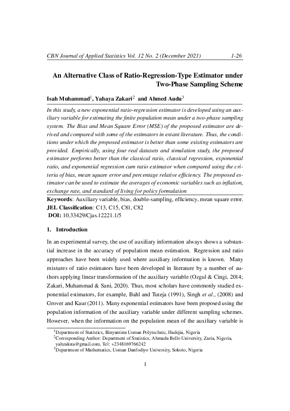 Pdf An Alternative Class Of Ratio Regression Type Estimator Under Two Phase Sampling Scheme