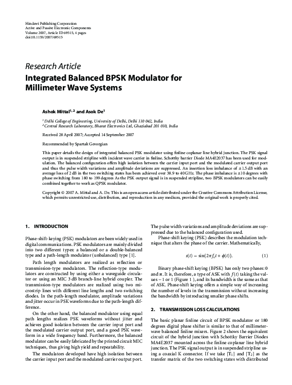 Pdf Integrated Balanced Bpsk Modulator For Millimeter Wave Systems