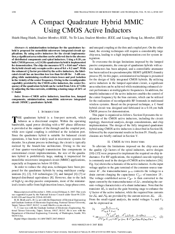 (PDF) A Compact Quadrature Hybrid MMIC Using CMOS Active Inductors