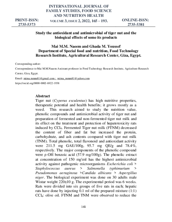 (PDF) Study the antioxidant and antimicrobial of tiger nut and the biological effects of some ...