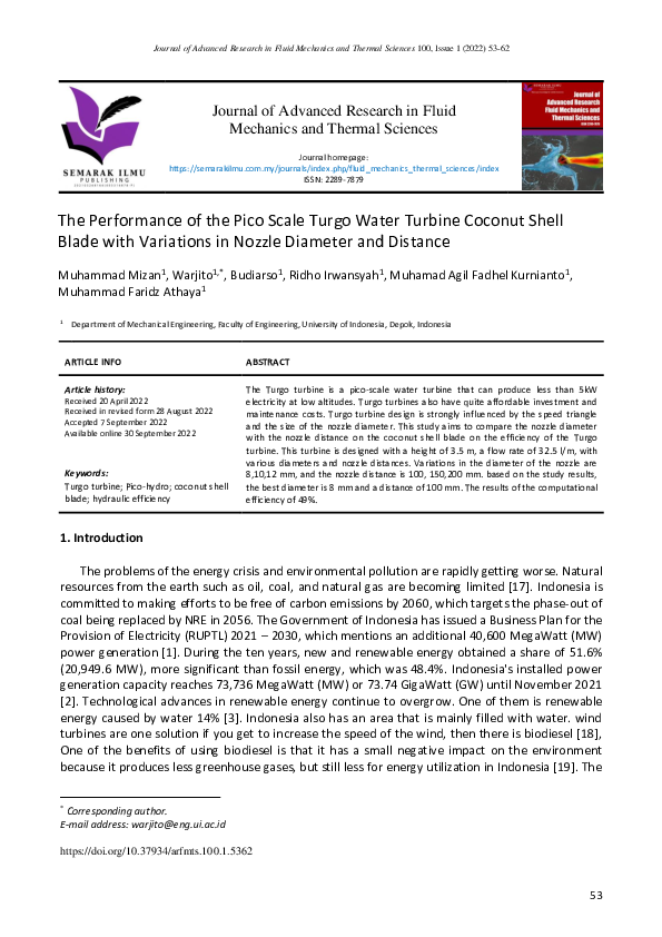 (PDF) The Performance of the Pico Scale Turgo Water Turbine Coconut ...