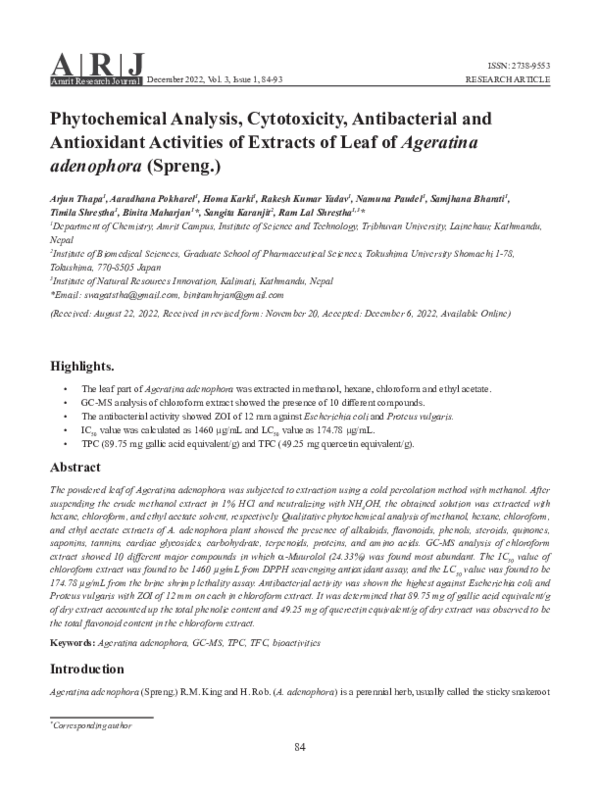 (PDF) Phytochemical Analysis, Cytotoxicity, Antibacterial and Antioxidant Activities of Extracts ...