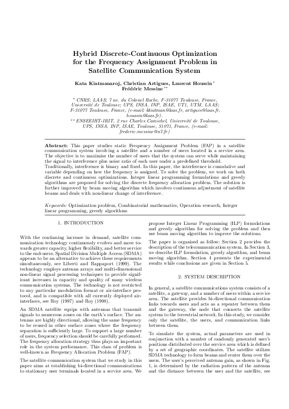 Pdf Hybrid Discrete Continuous Optimization For The Frequency Assignment Problem In Satellite 