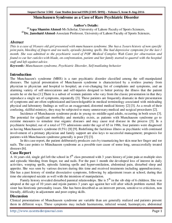 (PDF) Munchausen Syndrome as a Case of Rare Psychiatric Disorder ...