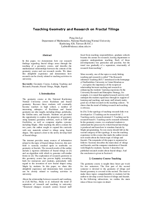 (PDF) Teaching Geometry and Research on Fractal Tilings