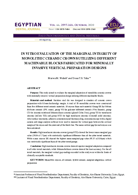 (PDF) In Vitro Evaluation of the Marginal Integrity of Monolithic ...