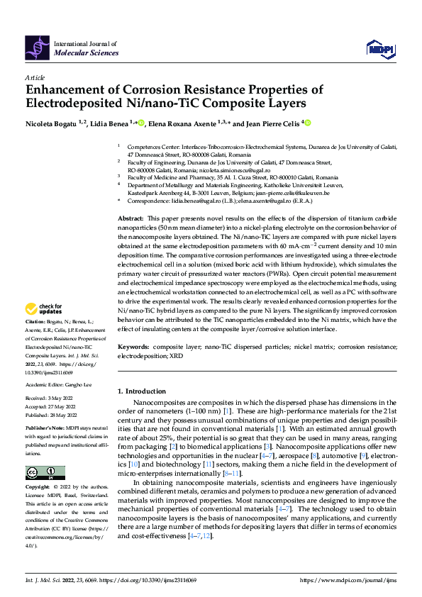 Pdf Enhancement Of Corrosion Resistance Properties Of Electrodeposited Ni Nano Tic Composite