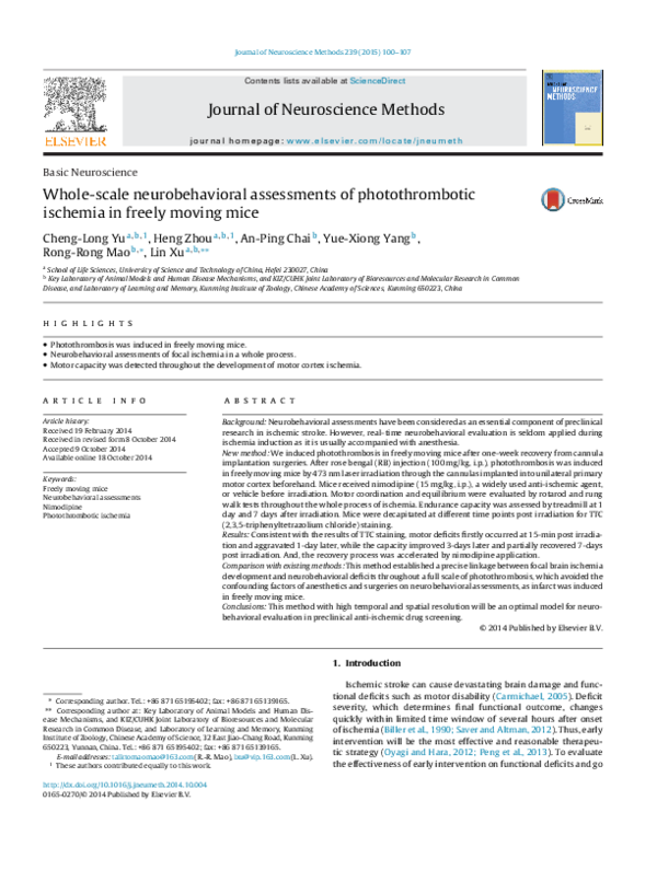 (PDF) Whole-scale neurobehavioral assessments of photothrombotic ...