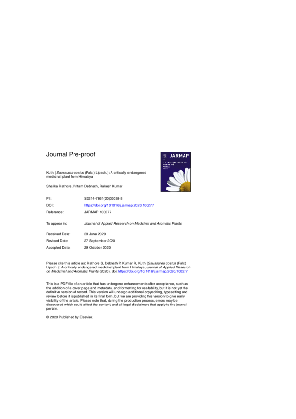 (PDF) Kuth Saussurea costus (Falc.) Lipsch.: A critically endangered ...