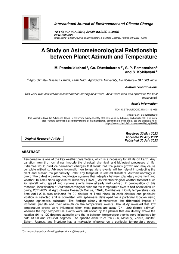 Pdf A Study On Astrometeorological Relationship Between Planet