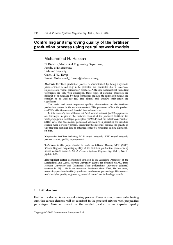 (PDF) Controlling and improving quality of the fertiliser production process using neural ...