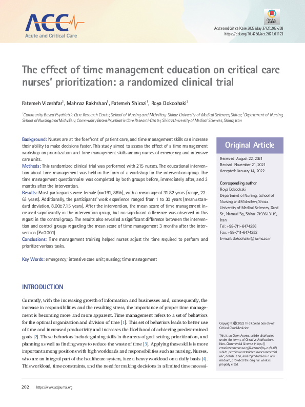 (PDF) The effect of time management education on critical care nurses’ prioritization: a ...